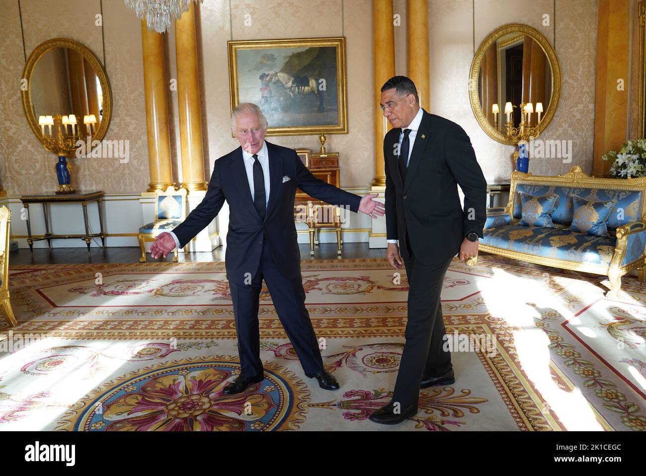 King Charles III speaks with Prime Minister of Jamaica, Andrew Holness ...