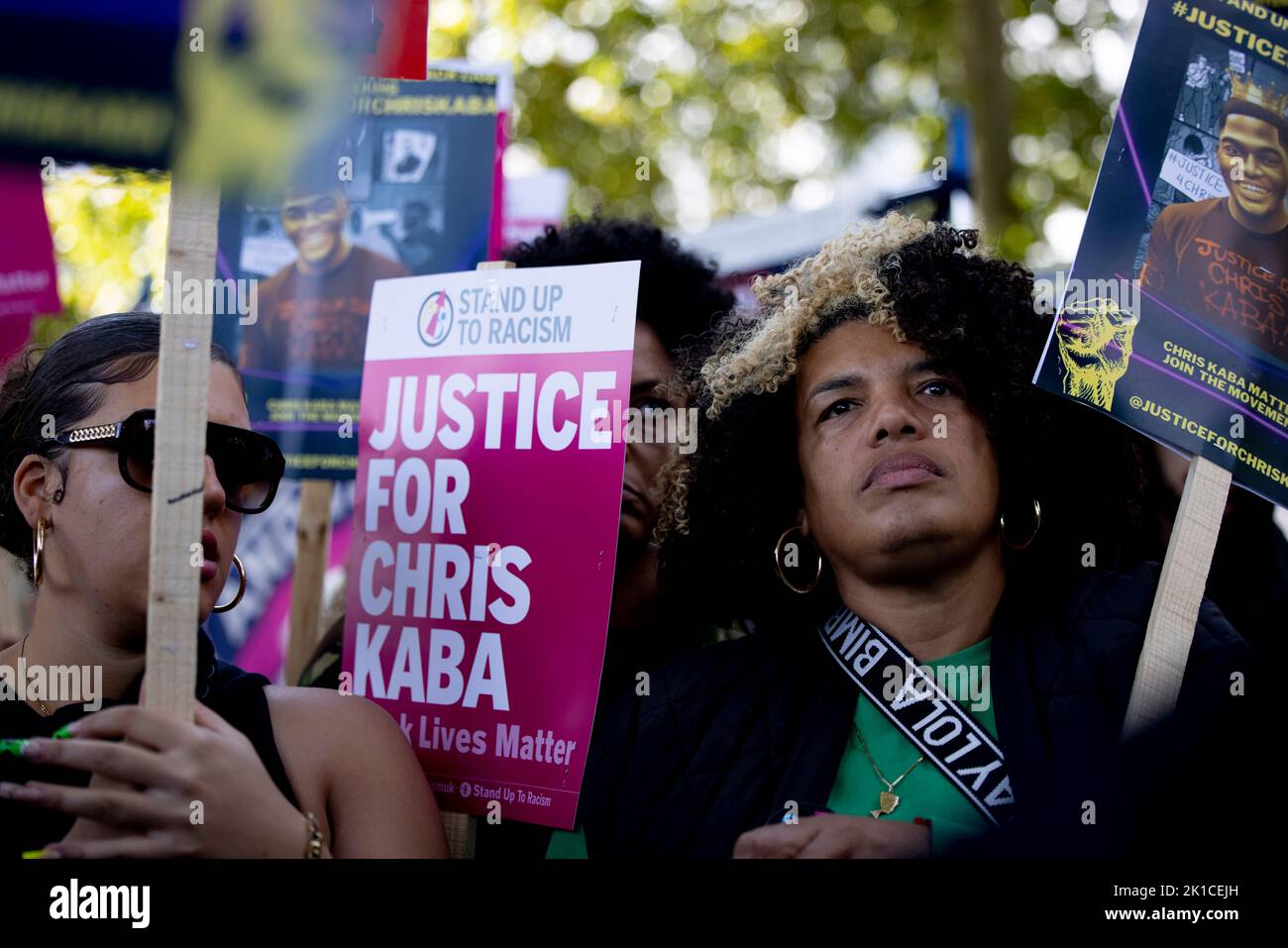 London, UK. 17th Sep, 2022. Protesters seen holding placards while ...