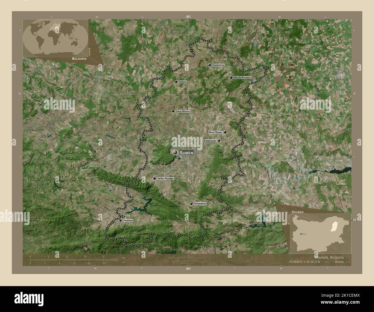 Shumen, province of Bulgaria. High resolution satellite map. Locations ...