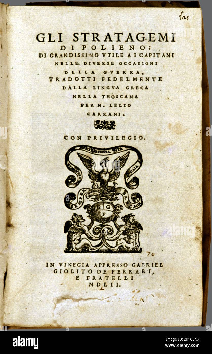 Portada de la obra Gli Stratagemi di Polieno, di Grandissimo utile a i ...
