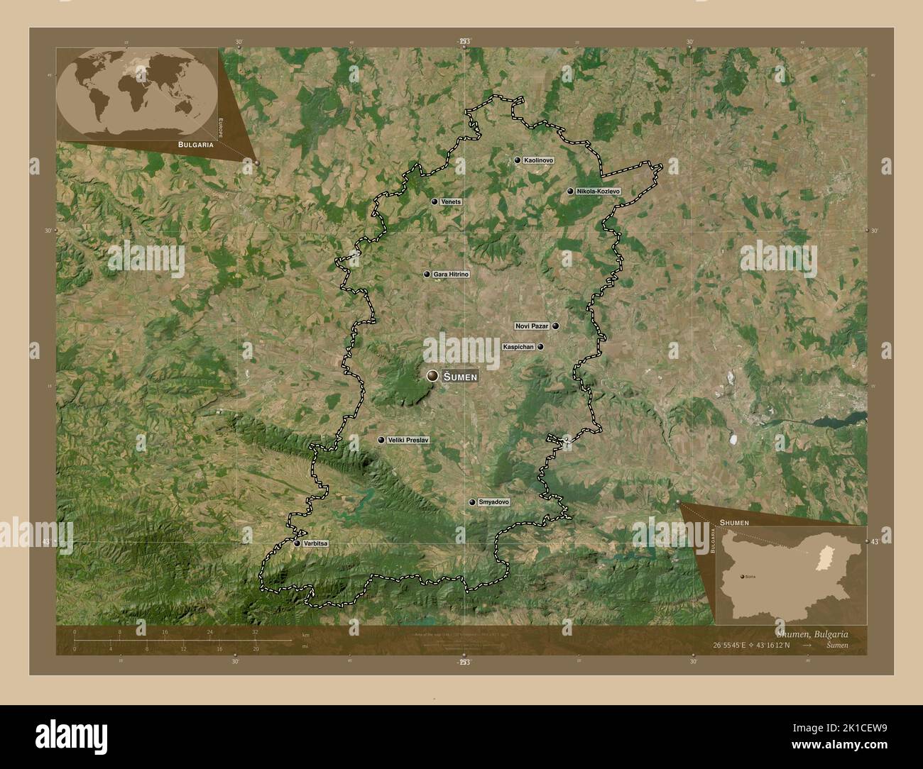 Shumen, province of Bulgaria. Low resolution satellite map. Locations ...