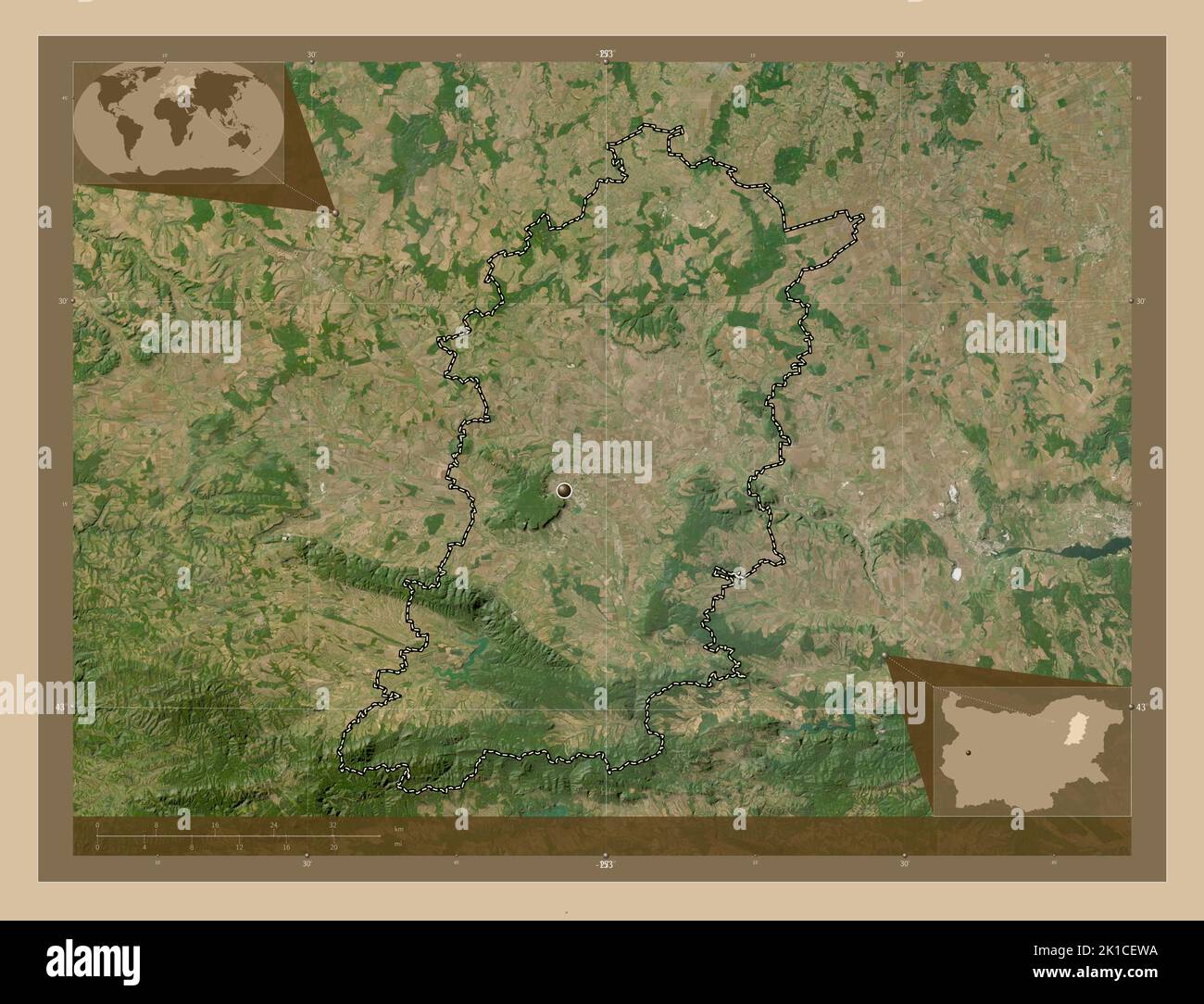 Shumen, province of Bulgaria. Low resolution satellite map. Corner ...