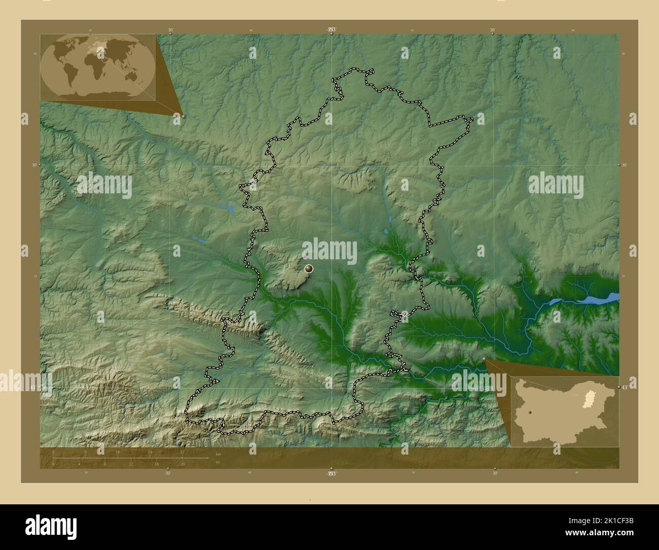 Shumen, province of Bulgaria. Colored elevation map with lakes and ...