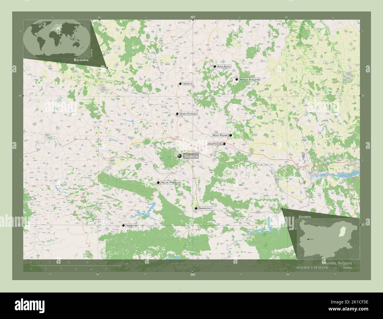 Shumen, province of Bulgaria. Open Street Map. Locations and names of ...