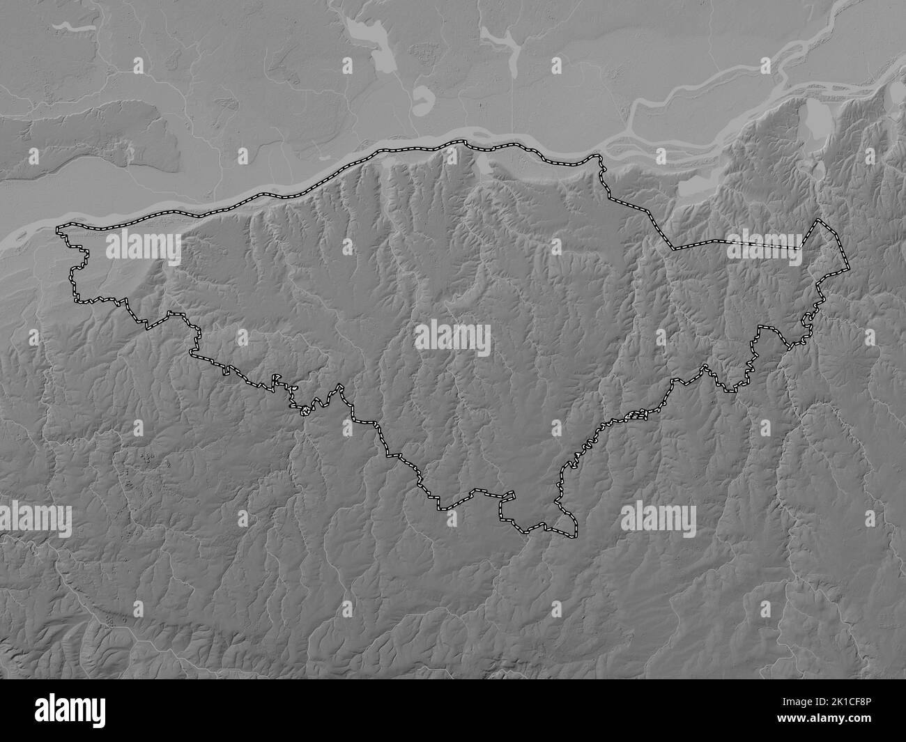 Silistra, province of Bulgaria. Grayscale elevation map with lakes and ...