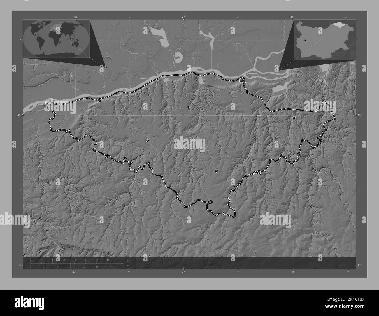 Silistra, province of Bulgaria. Bilevel elevation map with lakes and ...