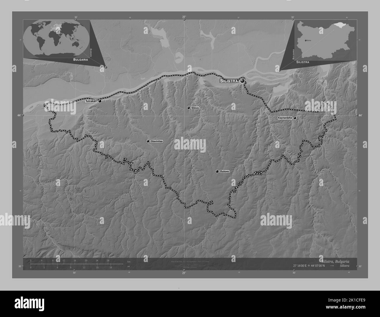 Silistra, province of Bulgaria. Grayscale elevation map with lakes and ...