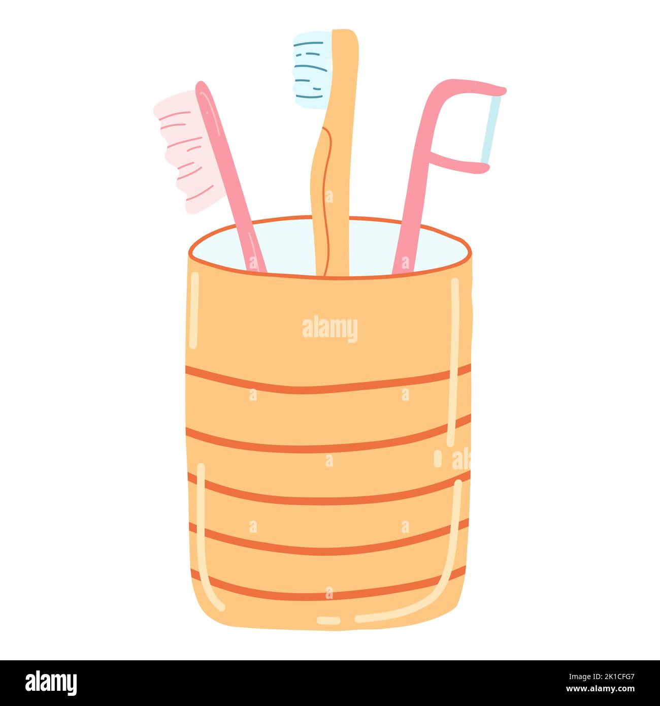 Hand drawn glass with toothbrushes in cartoon flat style. Vector ...