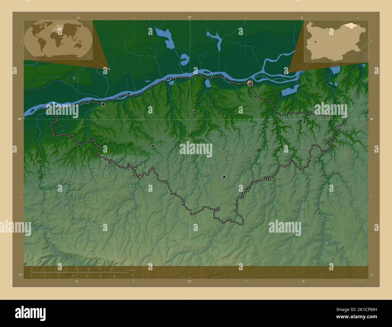 Silistra, province of Bulgaria. Colored elevation map with lakes and ...