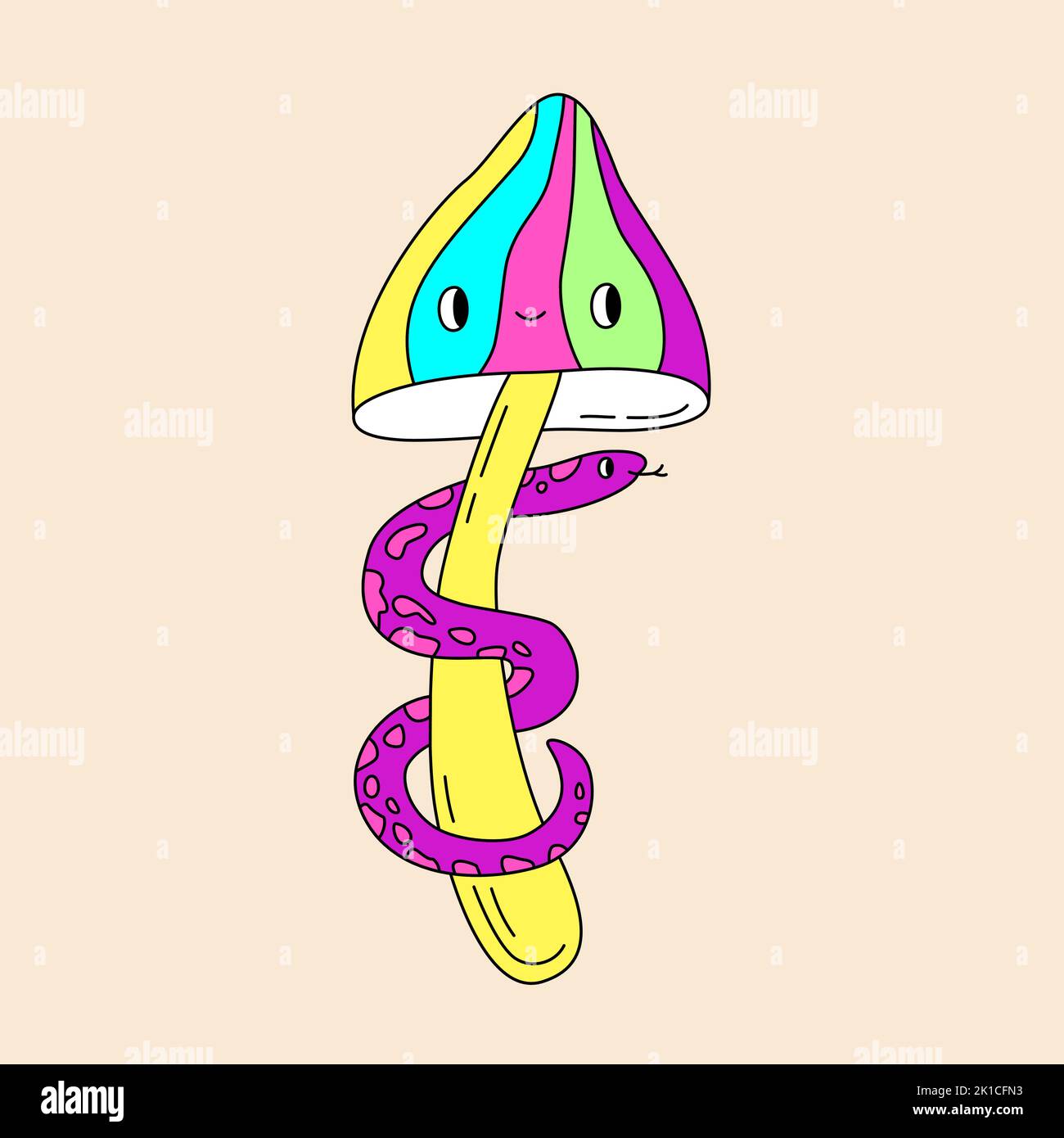 Colorful retro mushroom with snake. Groovy hippie Halloween ...