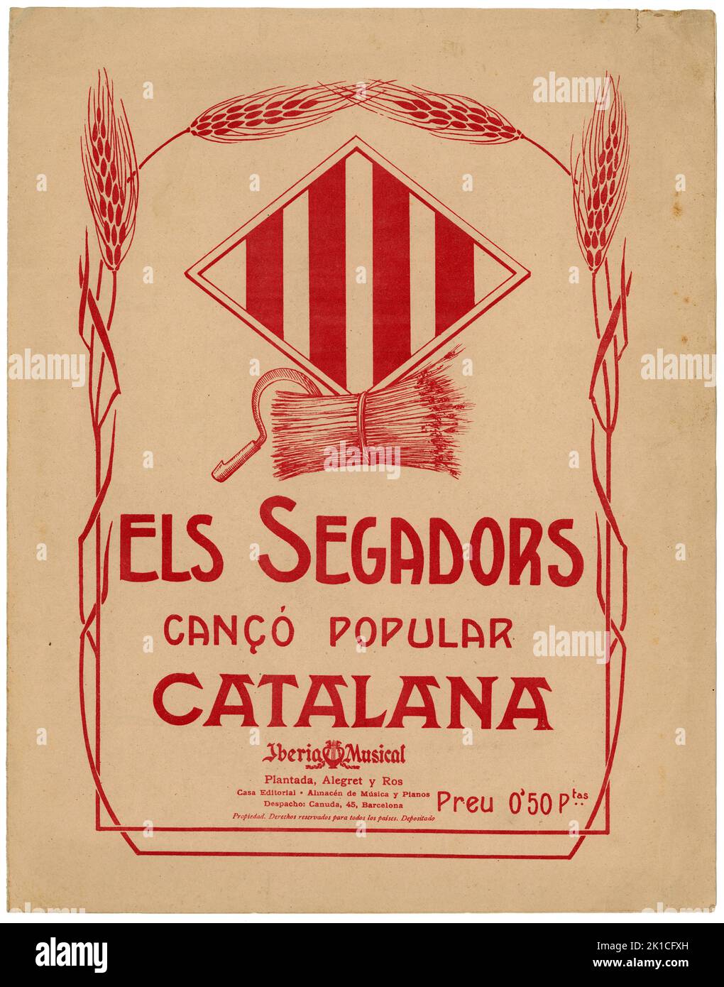 Partitura musical del himno catalán Els Segadors. Barcelona, año 1930 ...