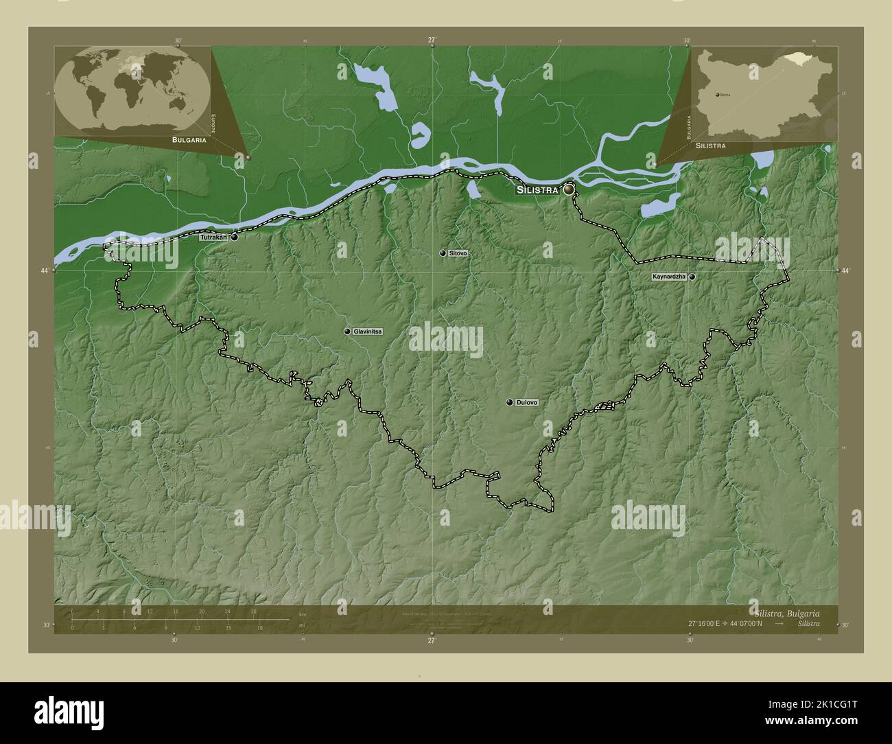 Silistra, province of Bulgaria. Elevation map colored in wiki style ...