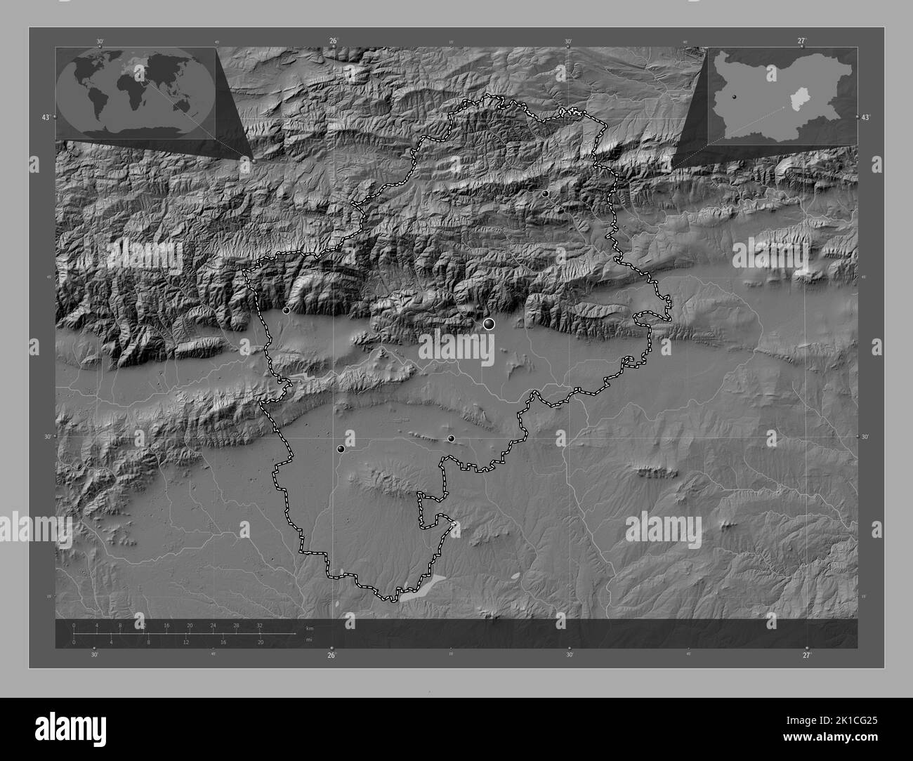 Sliven, province of Bulgaria. Bilevel elevation map with lakes and ...