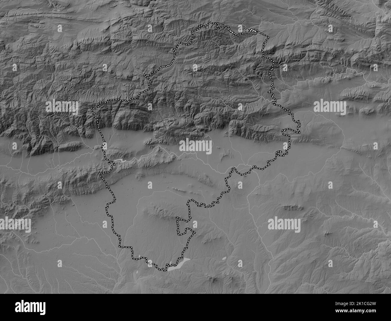 Sliven, province of Bulgaria. Grayscale elevation map with lakes and ...