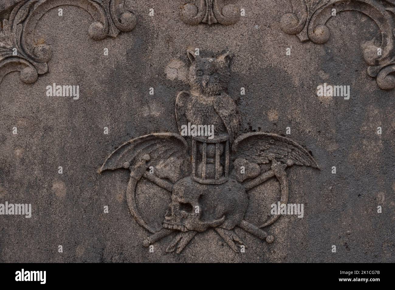 All symbols of death, owl, hourglass, night bird, skull bat and sickle ...