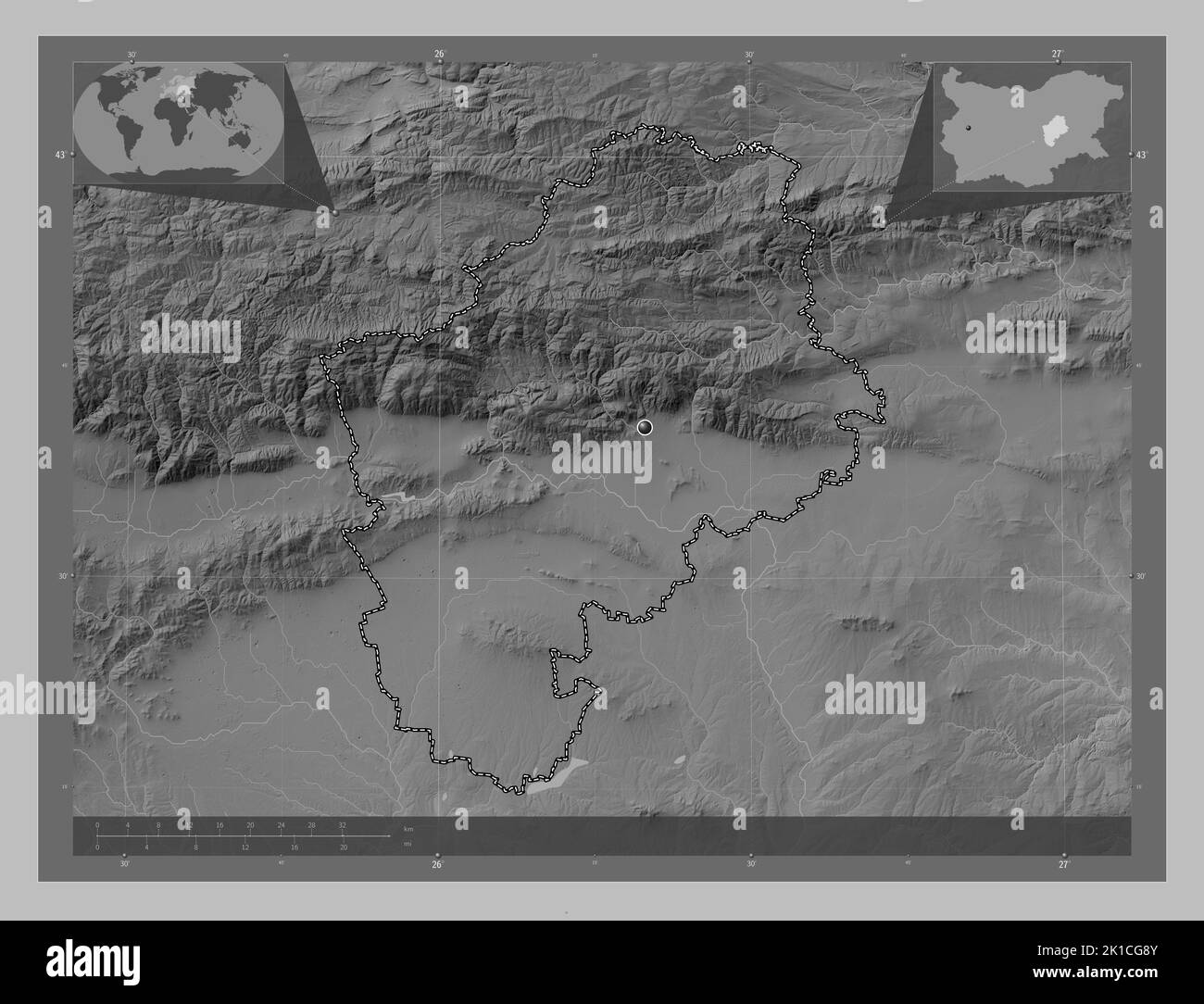 Sliven, province of Bulgaria. Grayscale elevation map with lakes and ...