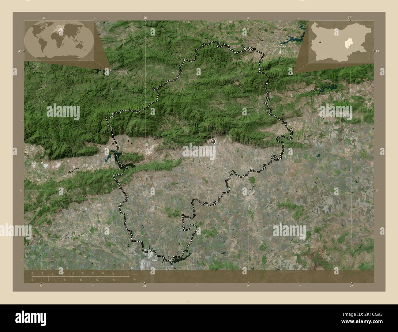 Sliven, province of Bulgaria. High resolution satellite map. Corner ...
