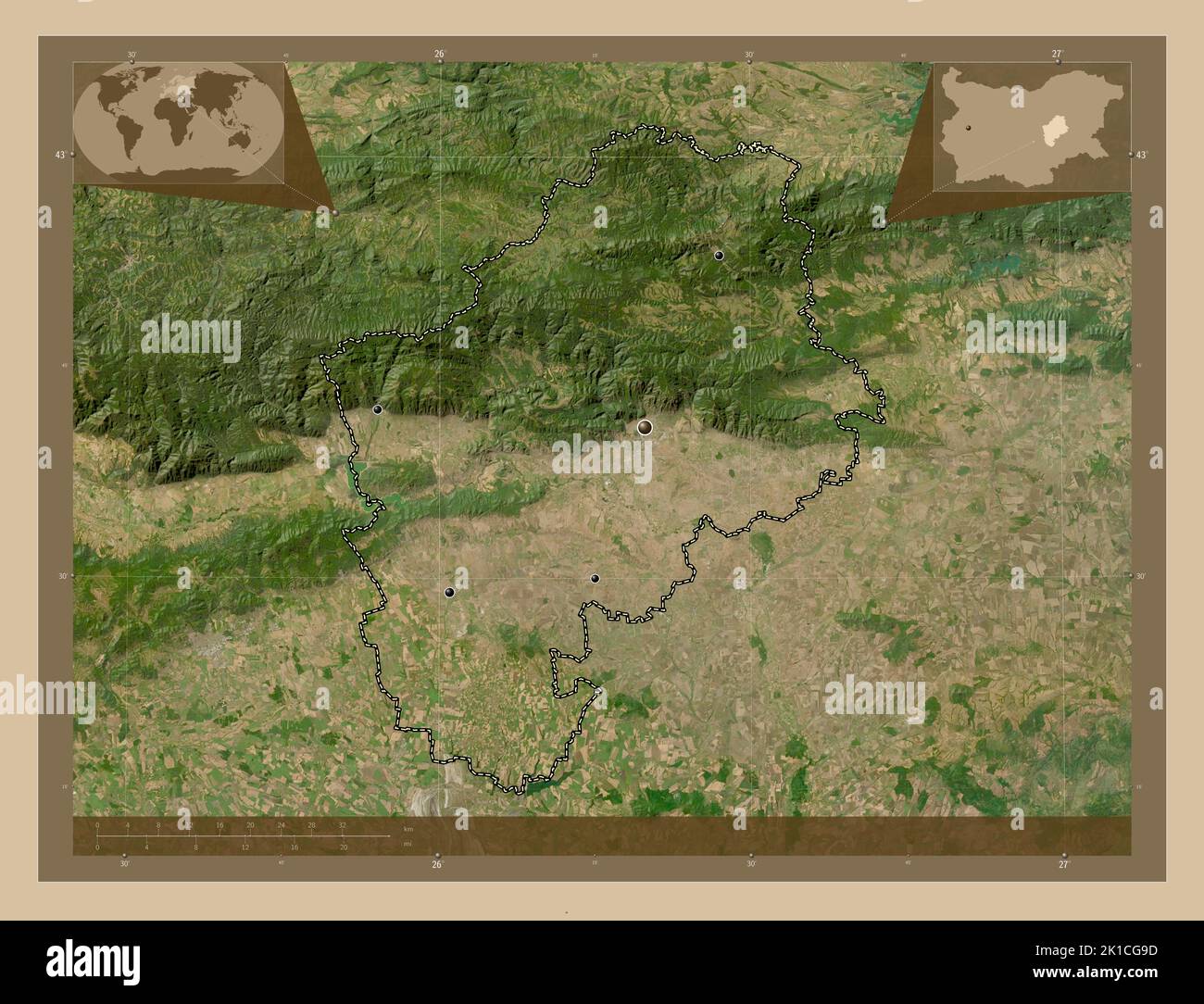 Sliven, province of Bulgaria. Low resolution satellite map. Locations of major cities of the ...