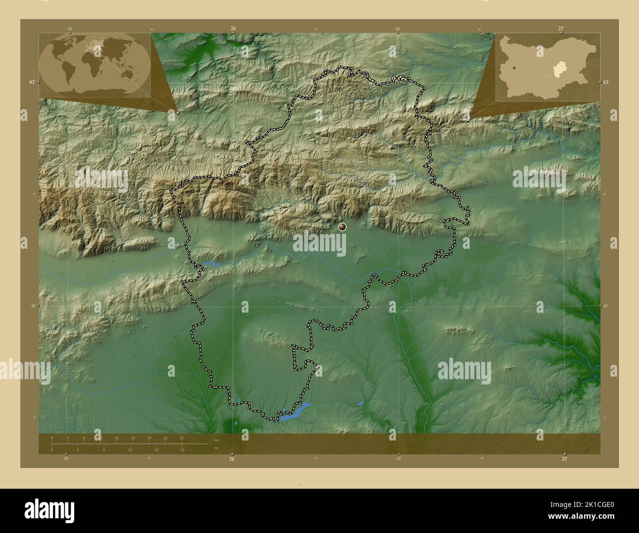 Sliven, province of Bulgaria. Colored elevation map with lakes and ...