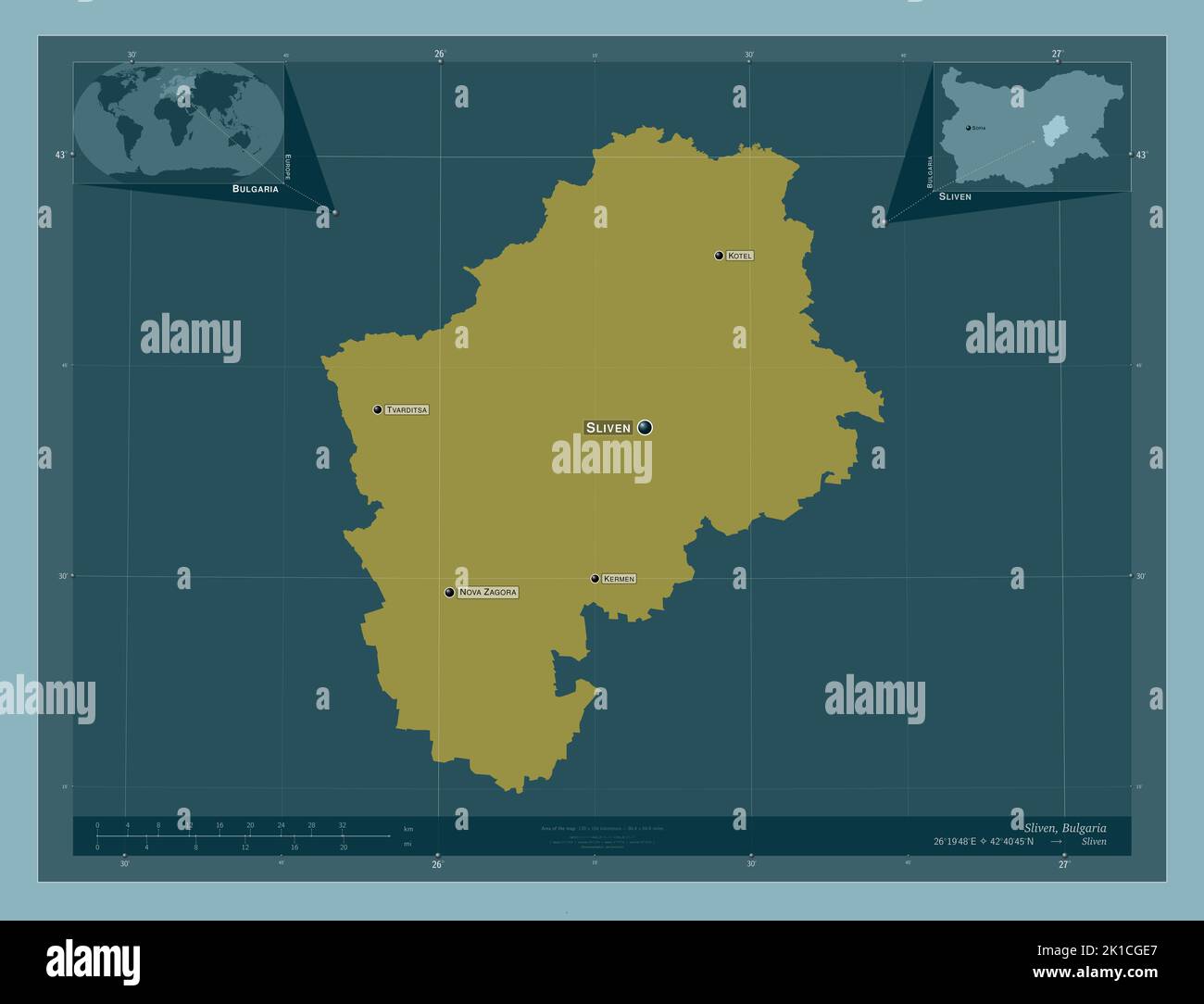Sliven, province of Bulgaria. Solid color shape. Locations and names of ...