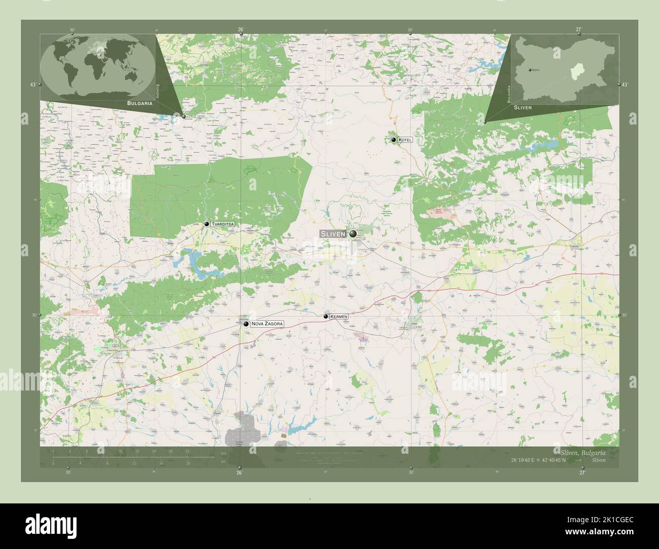 Sliven, province of Bulgaria. Open Street Map. Locations and names of ...