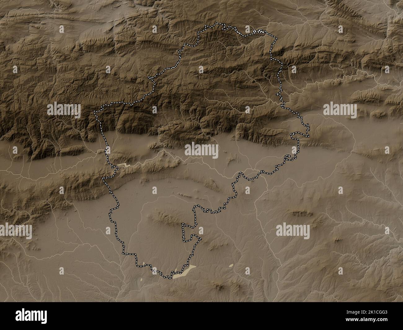Sliven, province of Bulgaria. Elevation map colored in sepia tones with ...