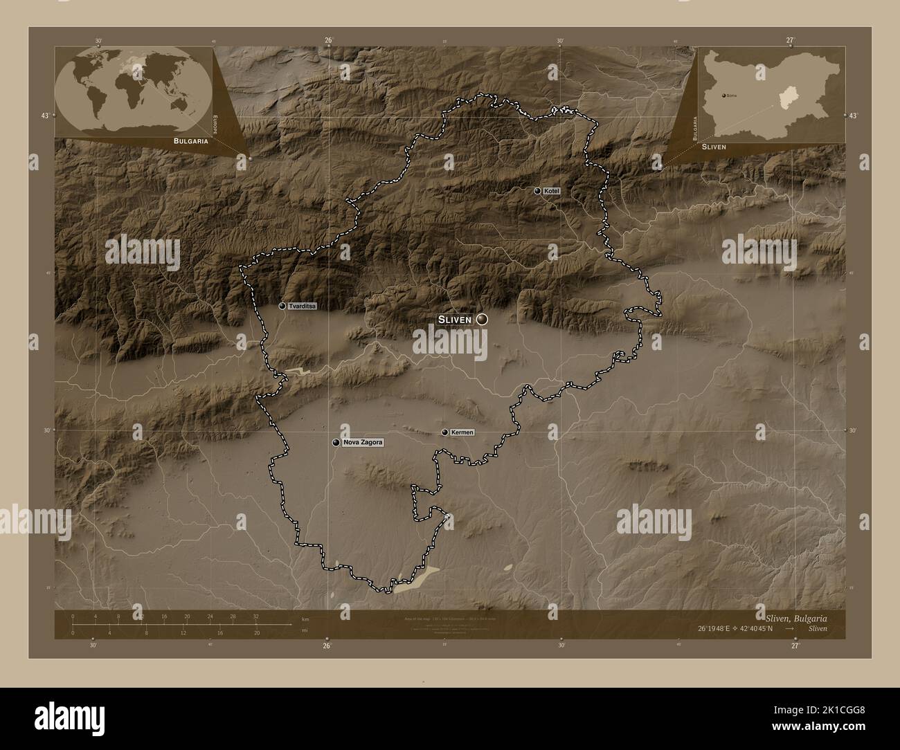 Sliven, province of Bulgaria. Elevation map colored in sepia tones with ...