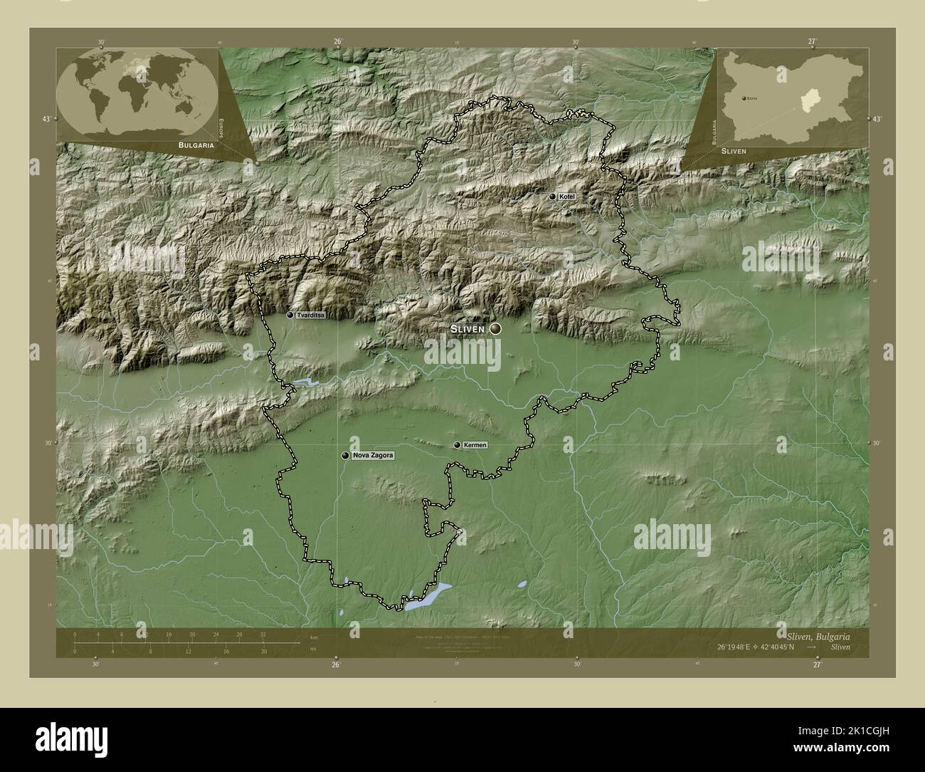 Sliven, province of Bulgaria. Elevation map colored in wiki style with ...