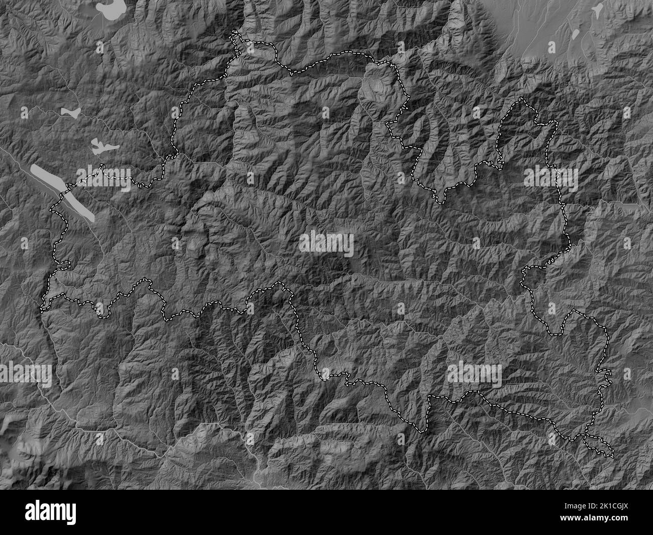 Smolyan, province of Bulgaria. Grayscale elevation map with lakes and ...