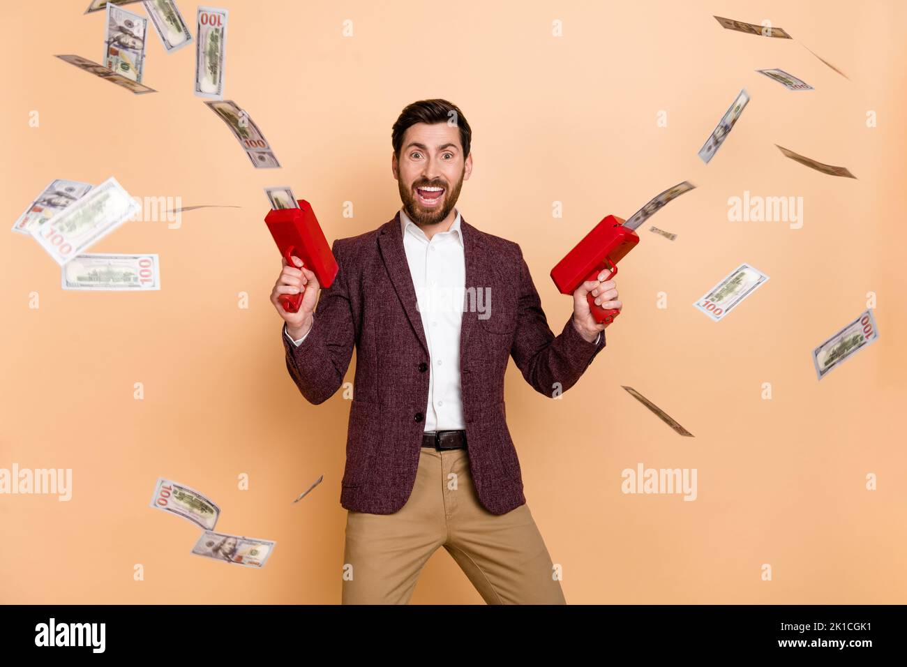 Photo of overjoyed ecstatic businessman company ceo have gun money ...