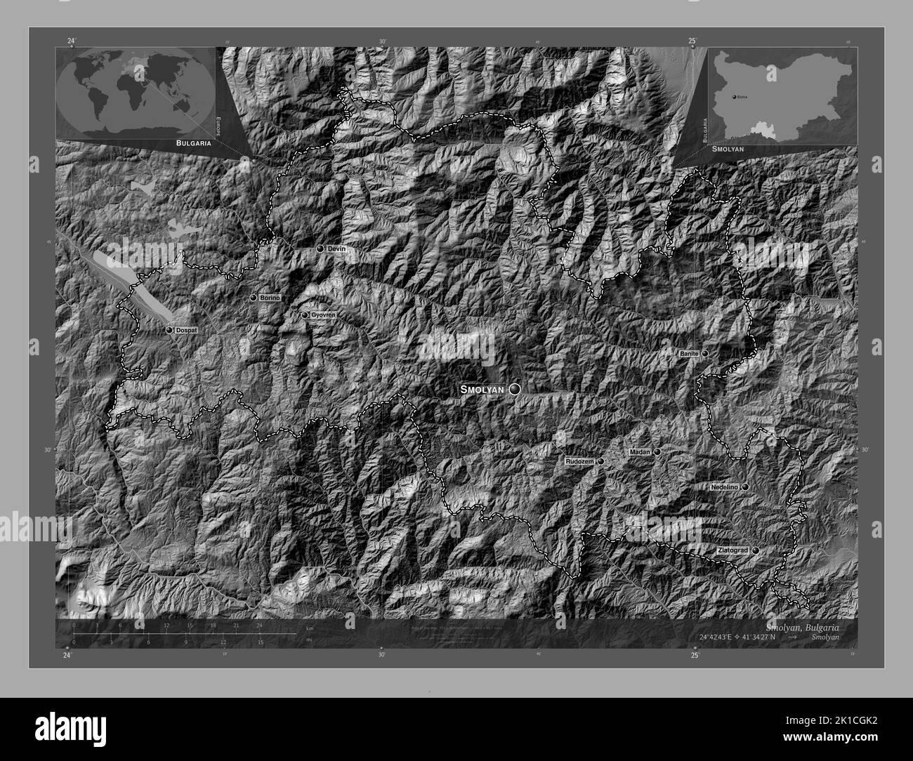 Smolyan, province of Bulgaria. Bilevel elevation map with lakes and ...