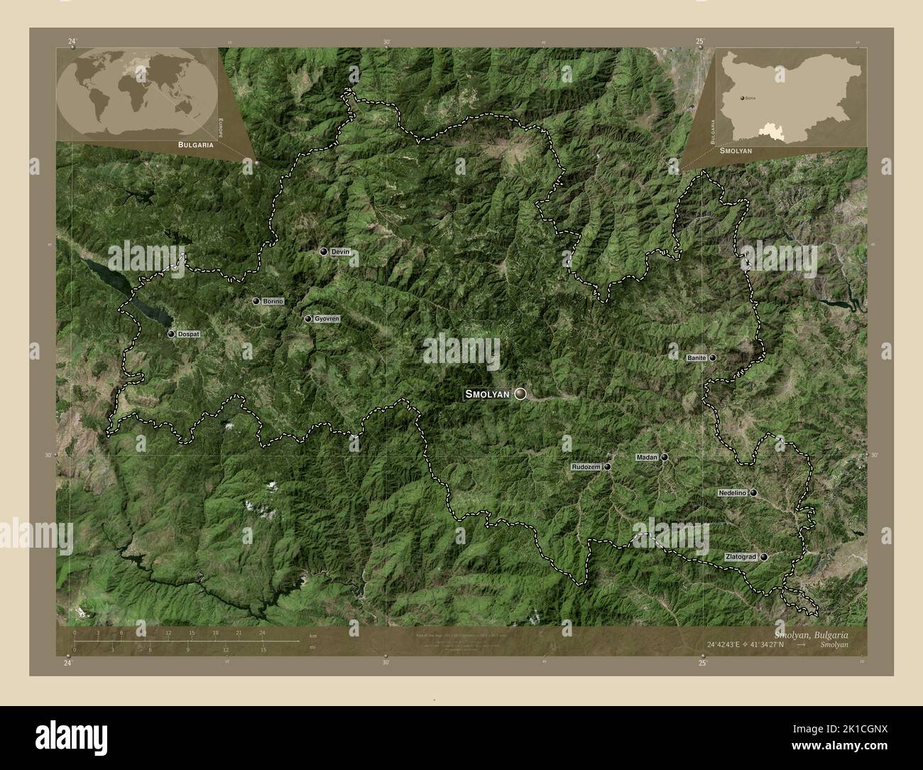 Smolyan, province of Bulgaria. High resolution satellite map. Locations ...