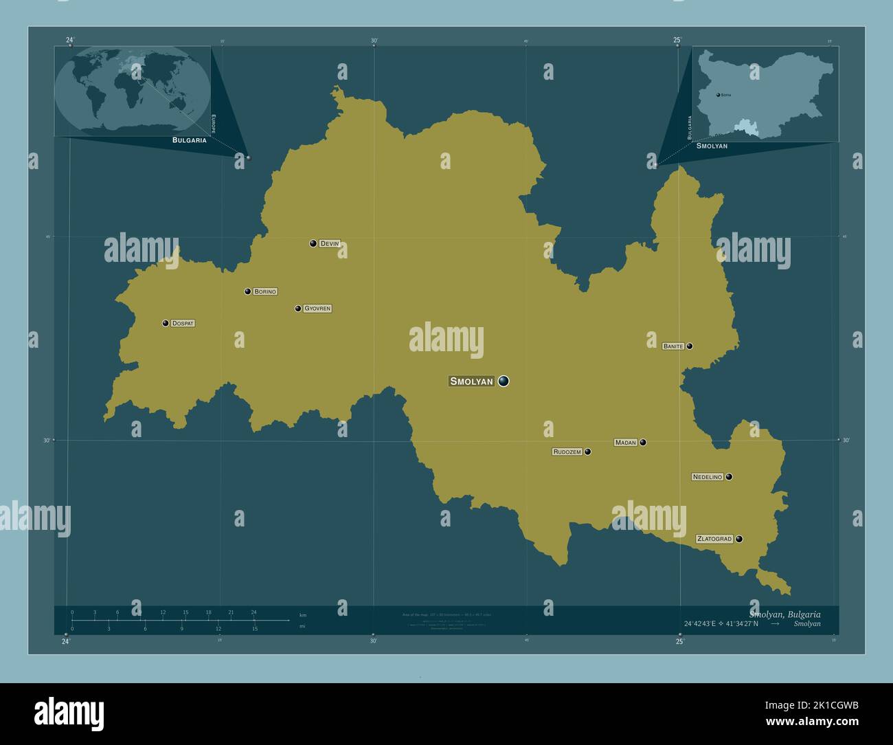 Smolyan, province of Bulgaria. Solid color shape. Locations and names ...