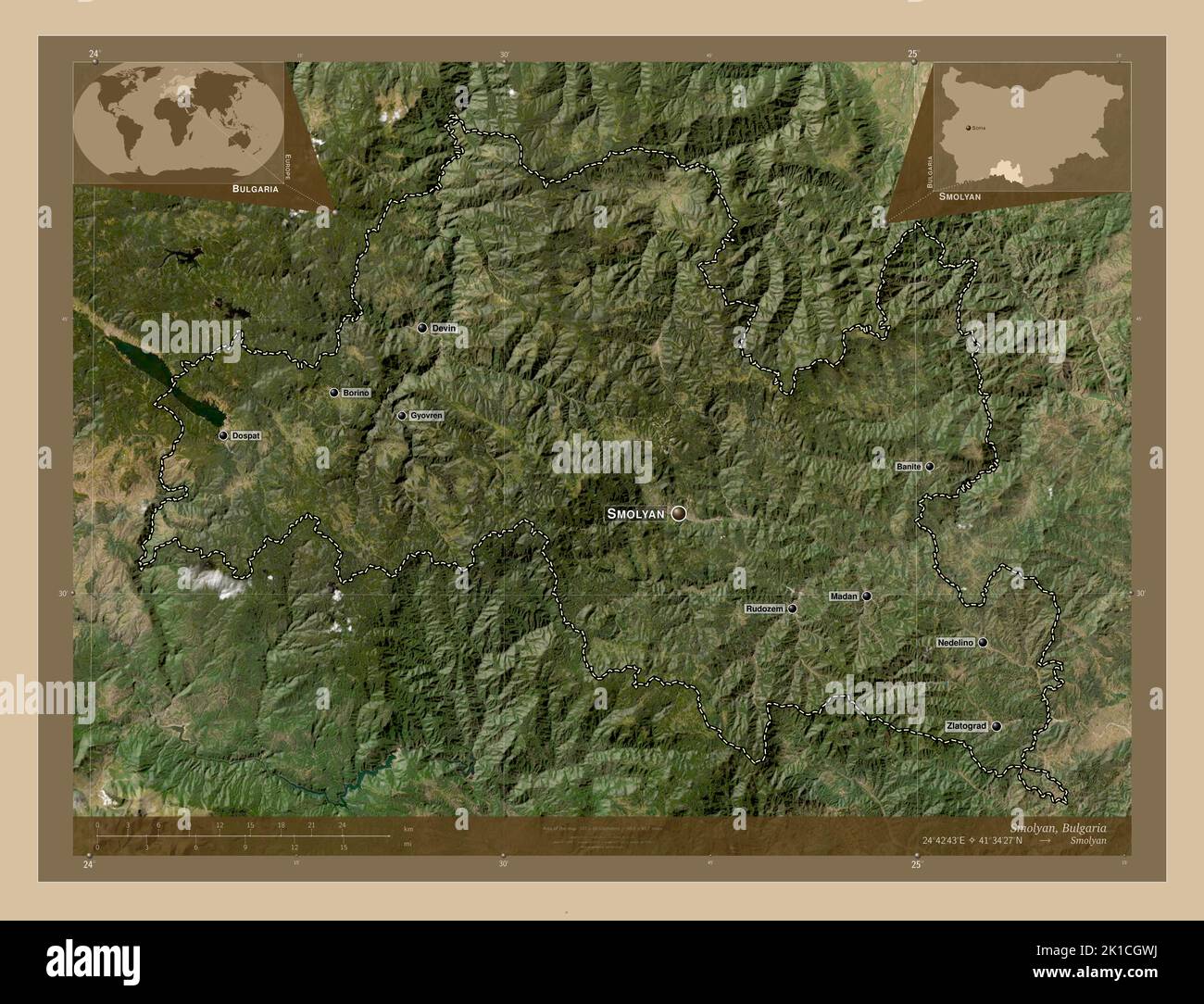 Smolyan, province of Bulgaria. Low resolution satellite map. Locations ...
