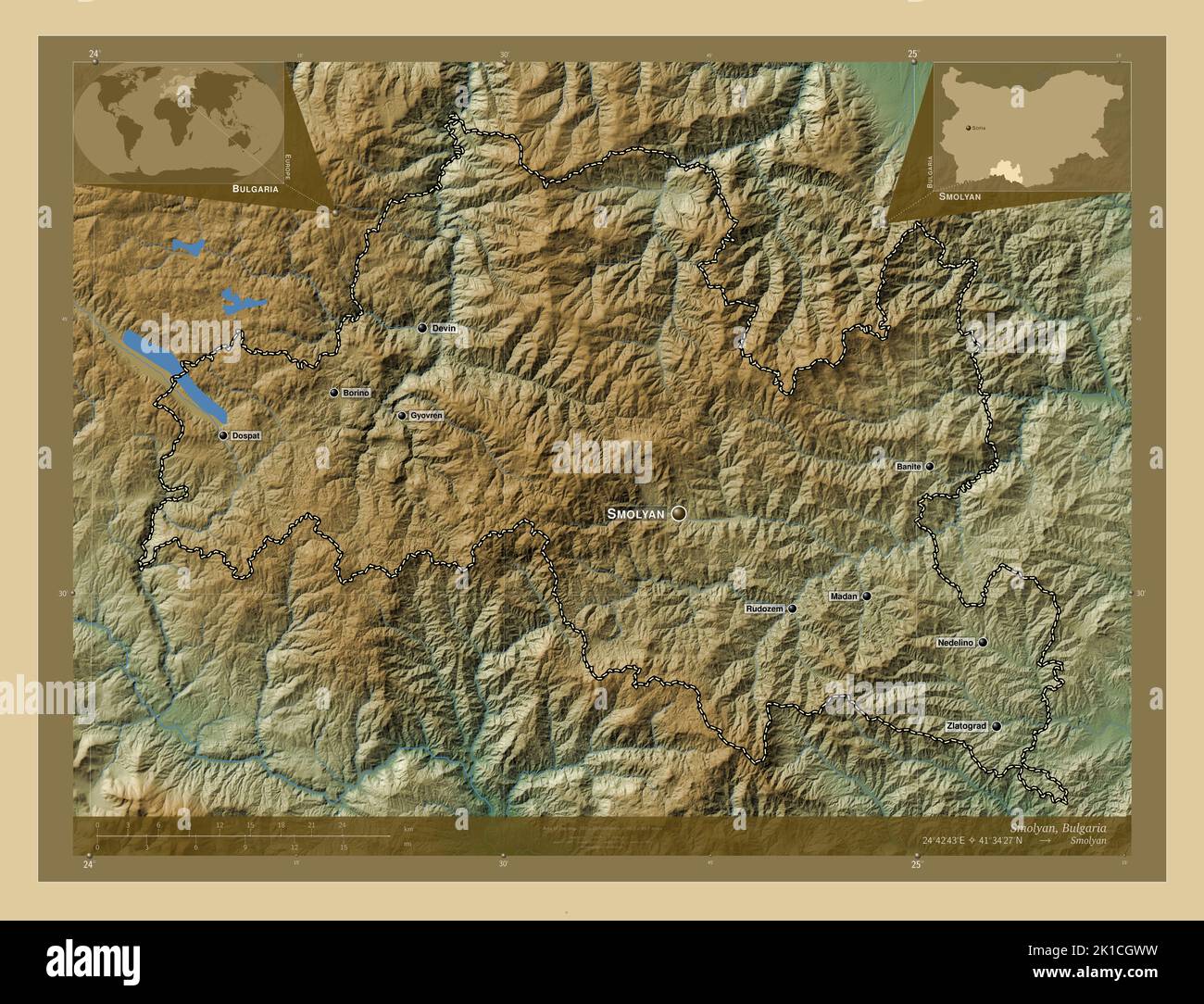 Smolyan, province of Bulgaria. Colored elevation map with lakes and ...