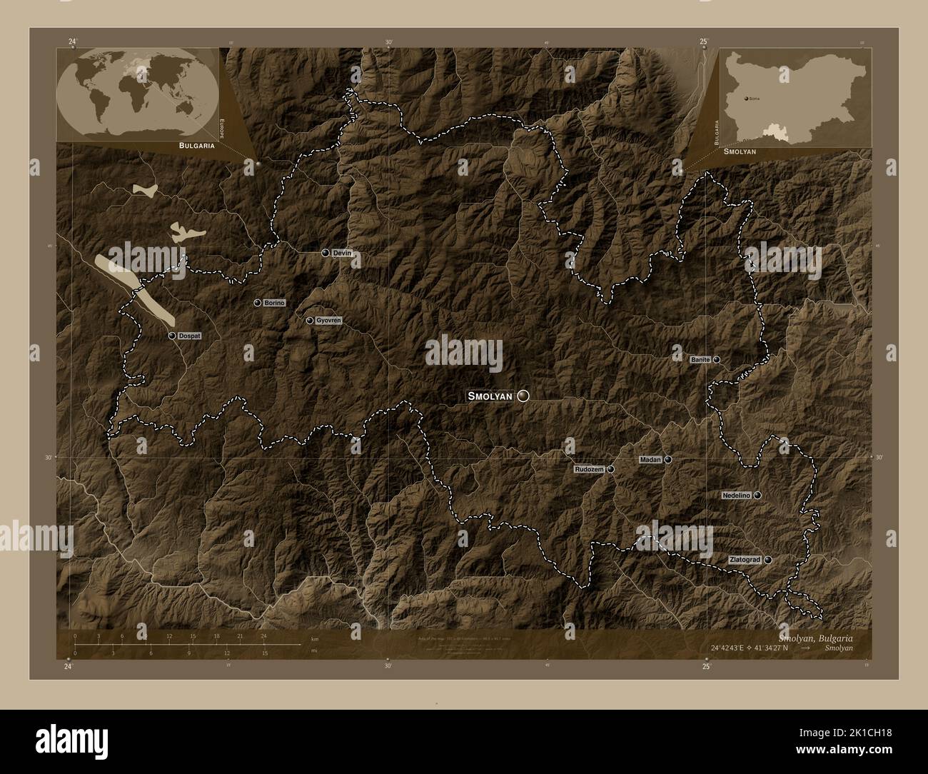 Smolyan, province of Bulgaria. Elevation map colored in sepia tones ...