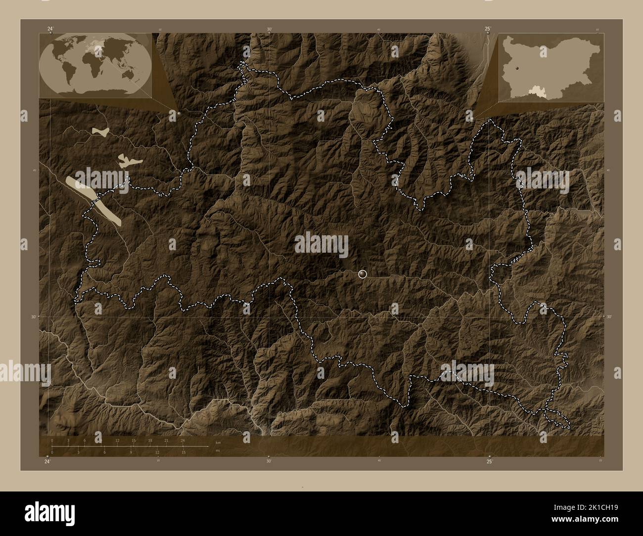 Smolyan, province of Bulgaria. Elevation map colored in sepia tones ...