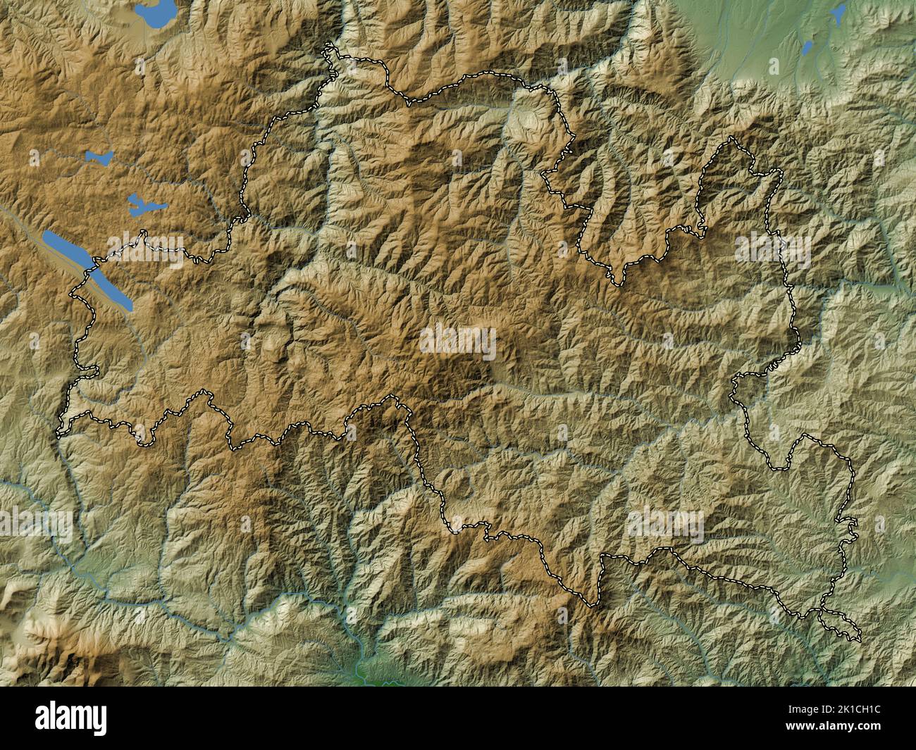 Smolyan, province of Bulgaria. Colored elevation map with lakes and ...