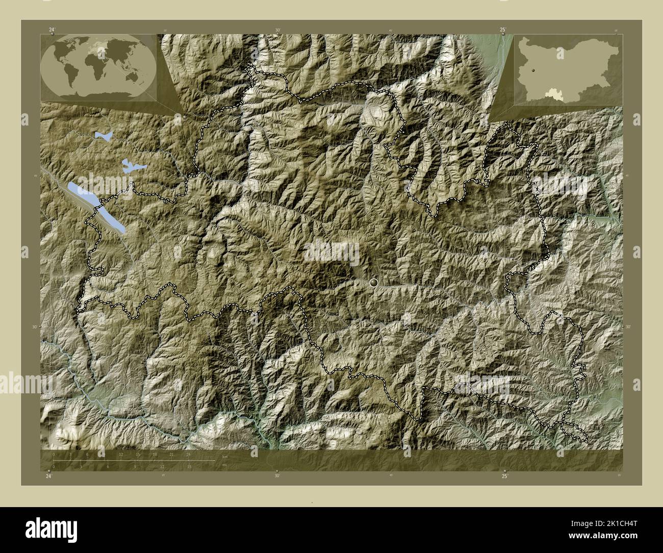 Smolyan, province of Bulgaria. Elevation map colored in wiki style with lakes and rivers. Corner ...