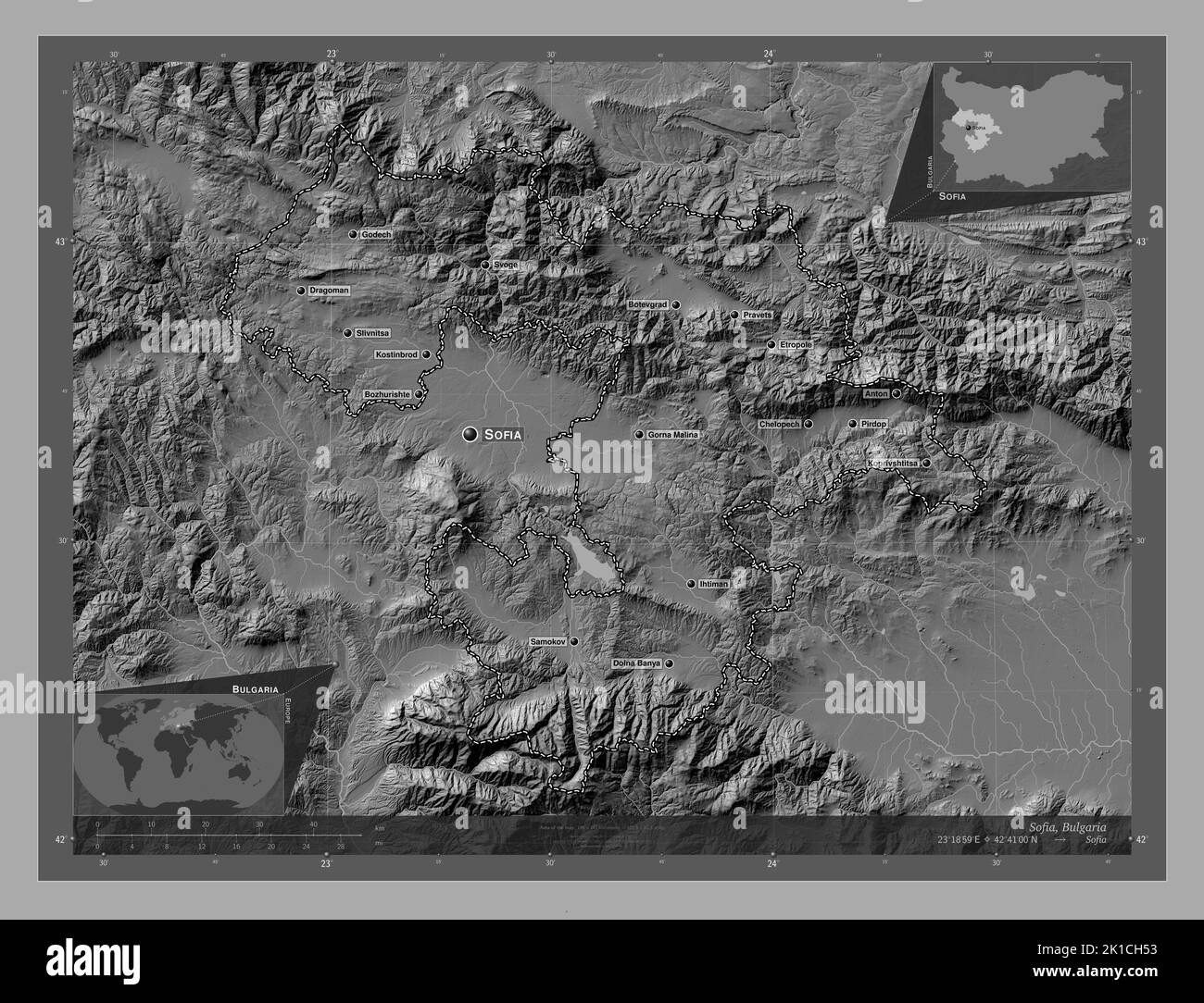 Sofia, province of Bulgaria. Bilevel elevation map with lakes and ...