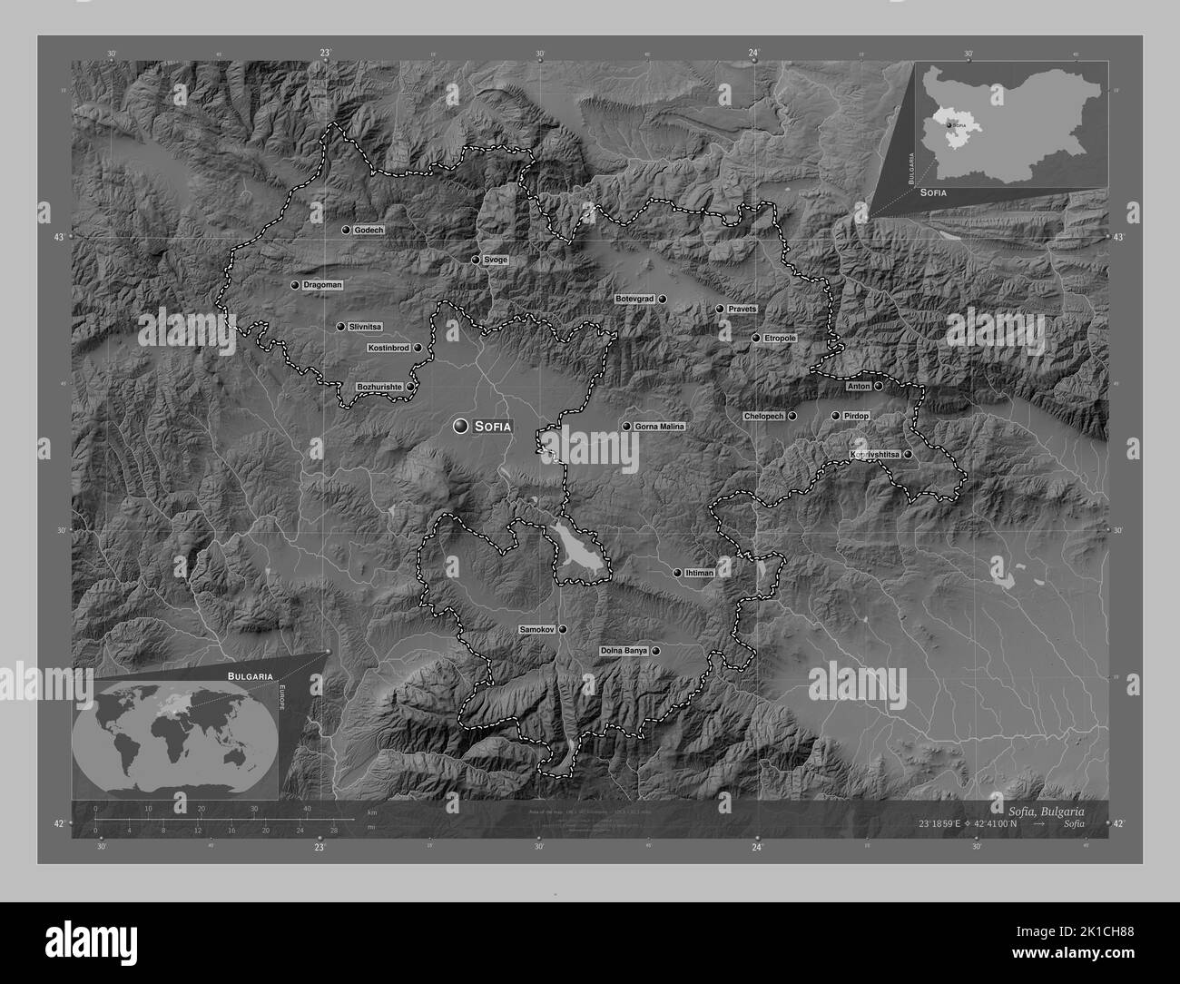Sofia, province of Bulgaria. Grayscale elevation map with lakes and ...