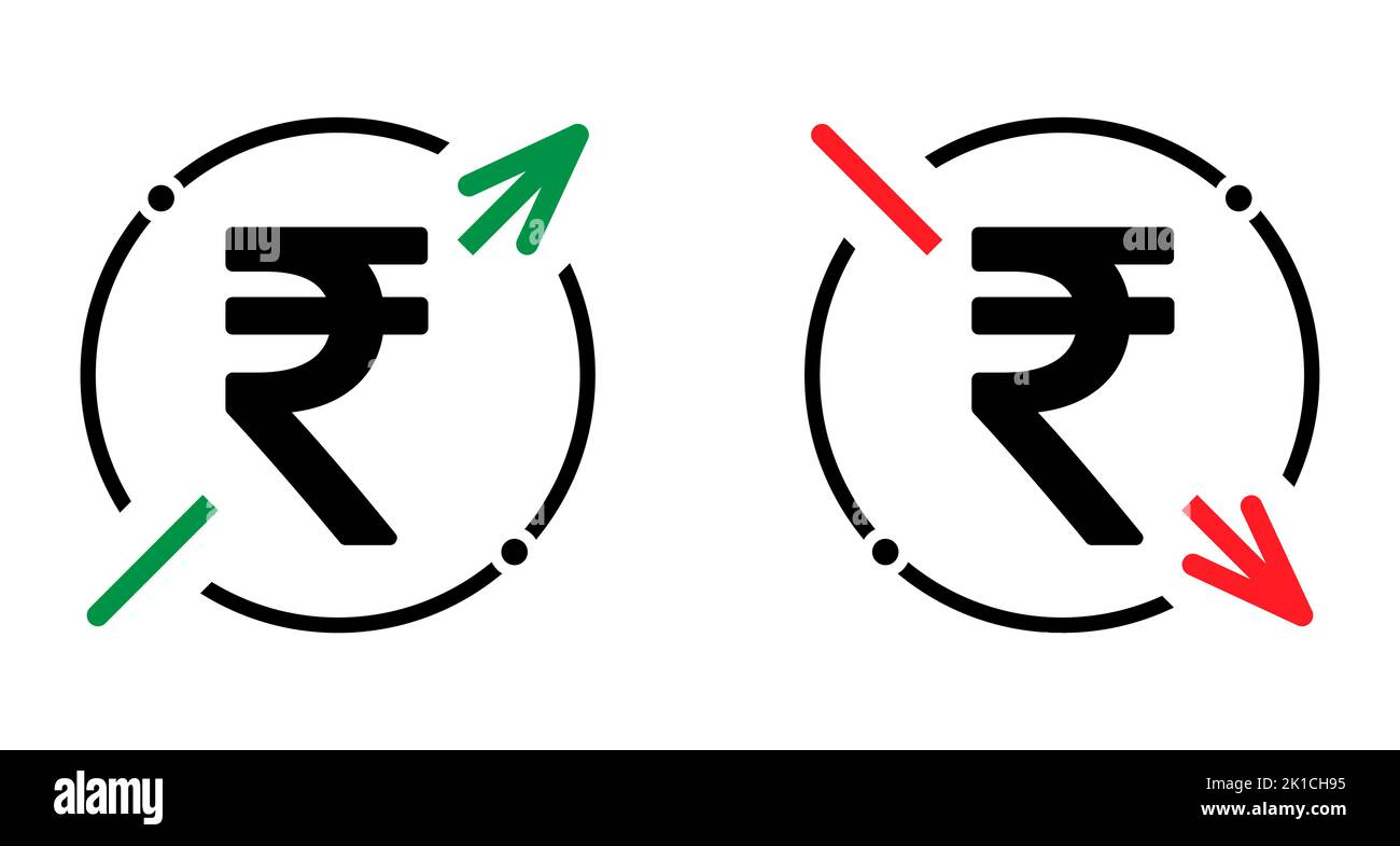 Set of cost symbol rupee increase and decrease icon. Money vector symbol isolated on background ...