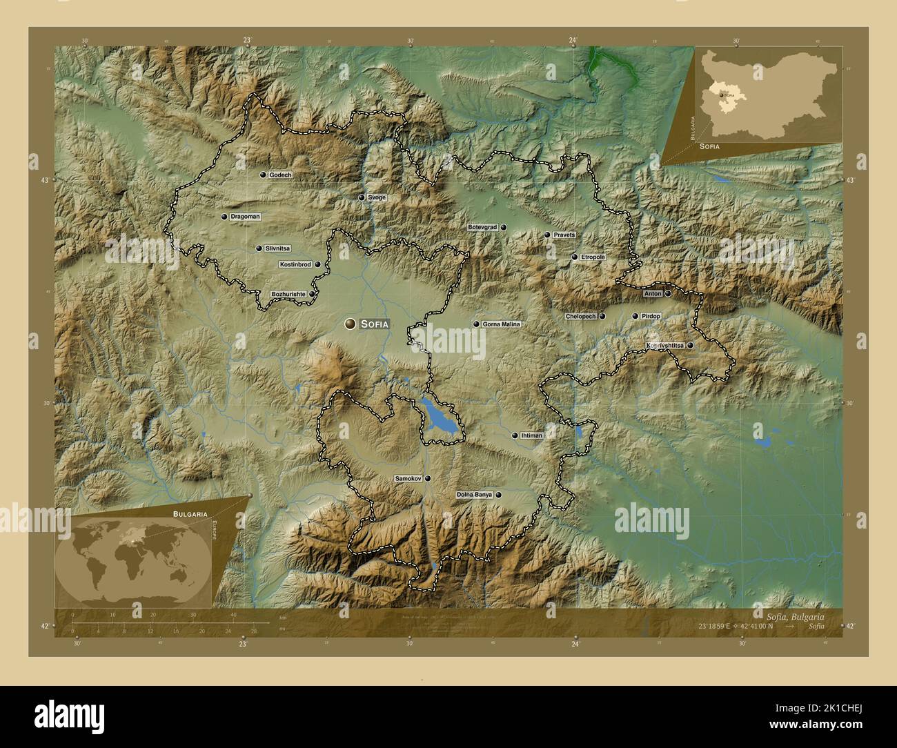 Sofia, province of Bulgaria. Colored elevation map with lakes and ...