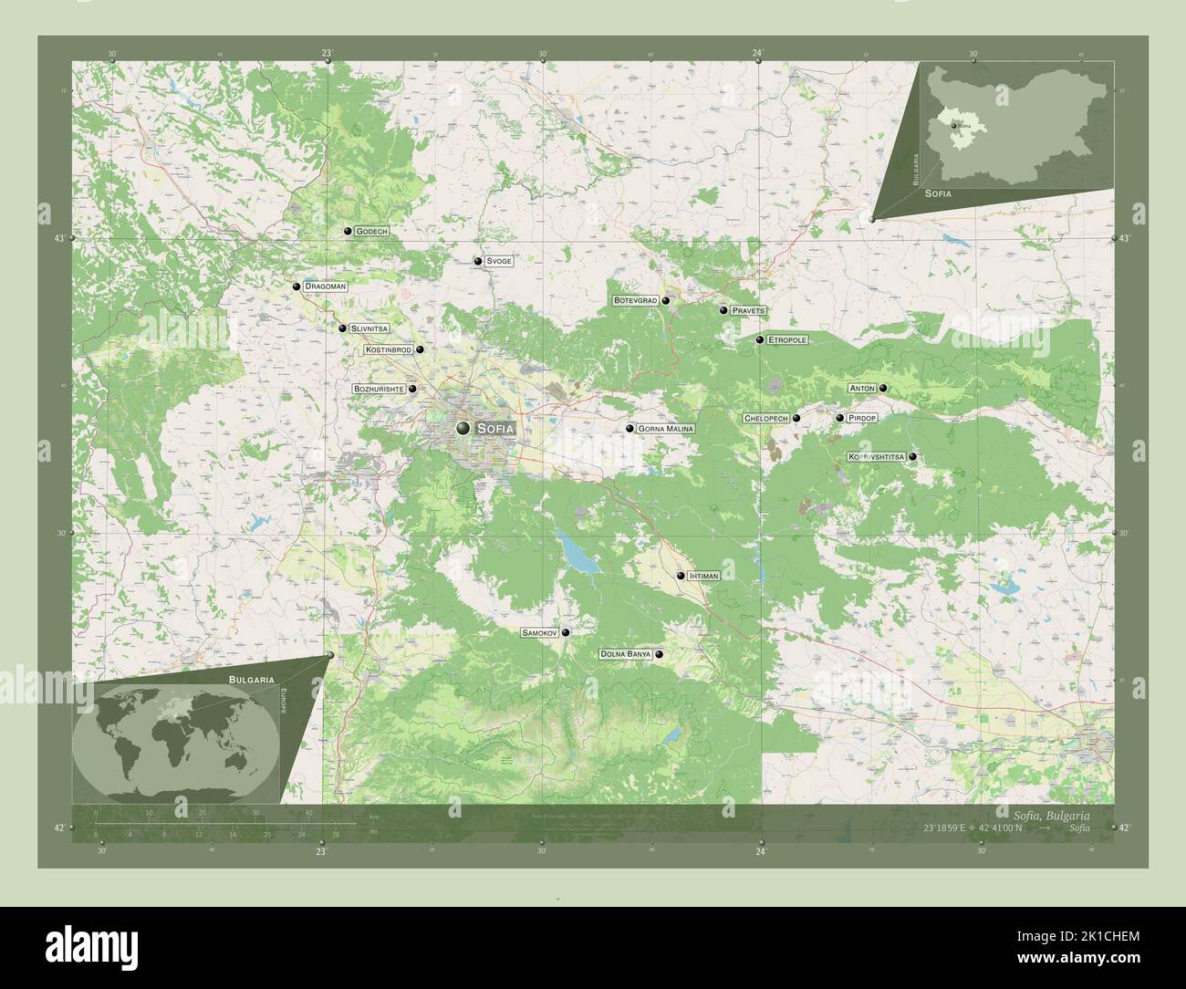 Sofia, province of Bulgaria. Open Street Map. Locations and names of ...