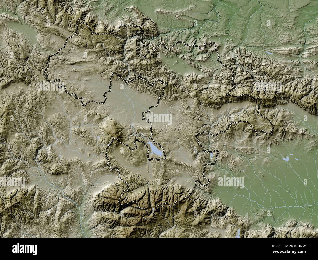 Sofia, province of Bulgaria. Elevation map colored in wiki style with lakes and rivers Stock ...