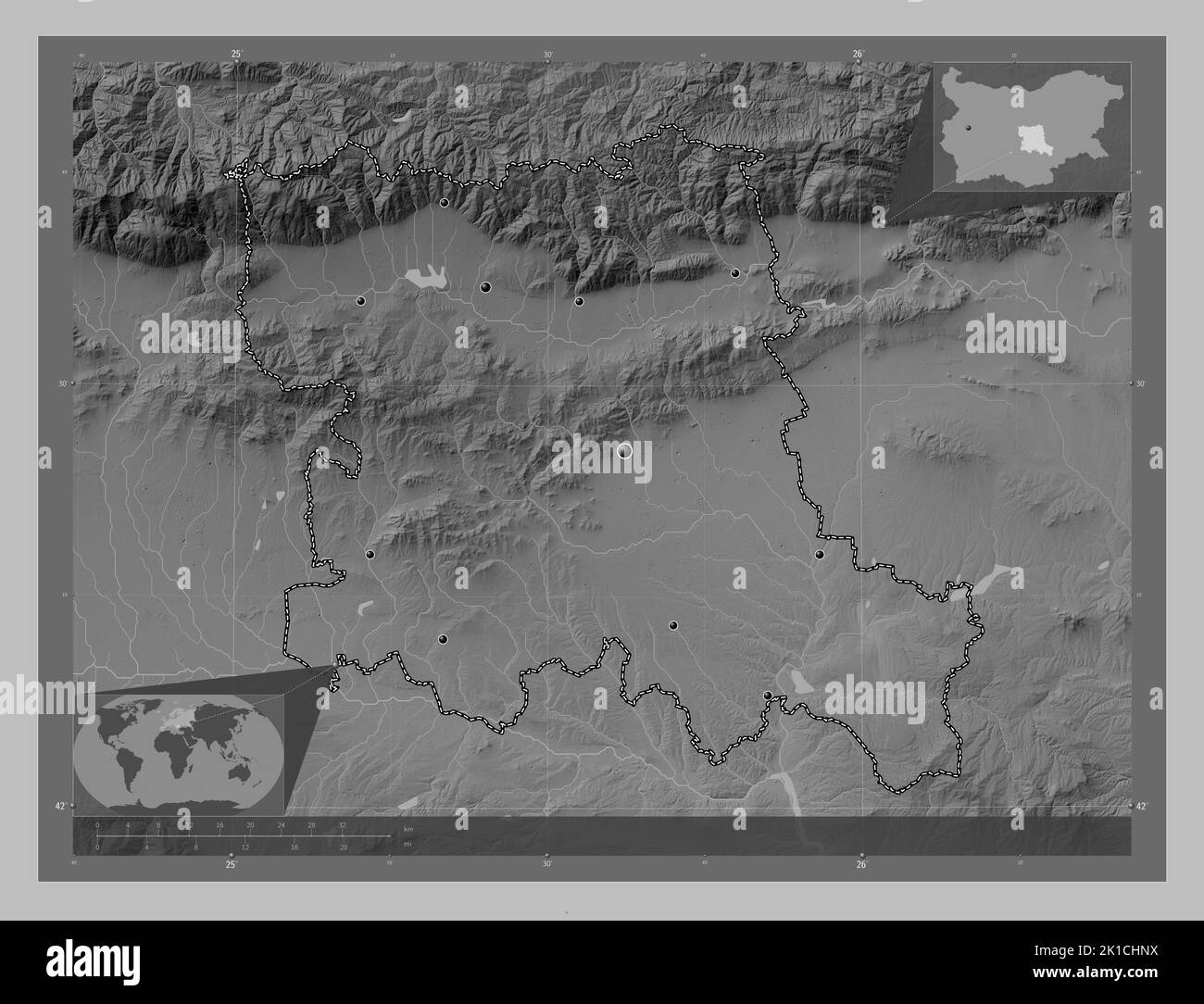 Stara Zagora, province of Bulgaria. Grayscale elevation map with lakes ...