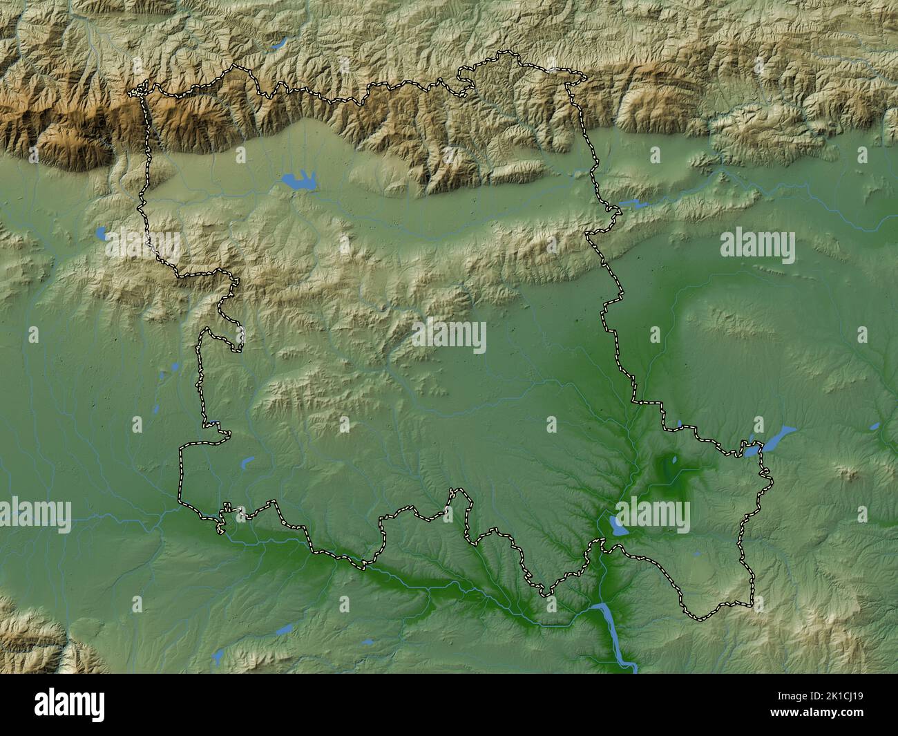 Stara Zagora, province of Bulgaria. Colored elevation map with lakes ...