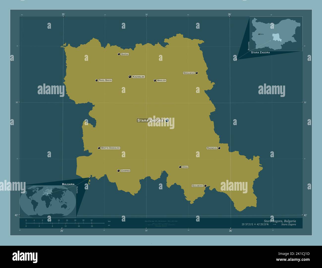 Stara Zagora, province of Bulgaria. Solid color shape. Locations and ...