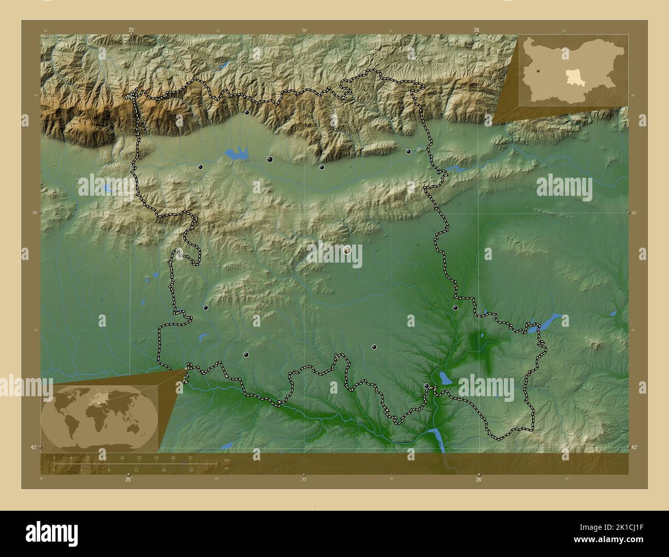 Stara Zagora, province of Bulgaria. Colored elevation map with lakes ...
