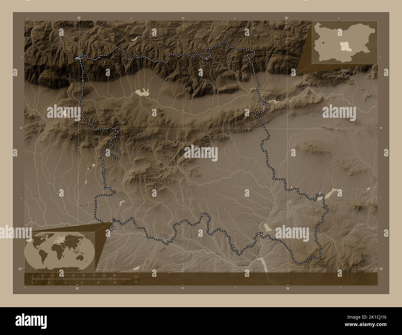 Stara Zagora, province of Bulgaria. Elevation map colored in sepia tones with lakes and rivers ...